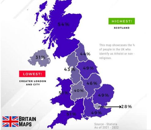 Atheism and Non-Religious Percentages in Regions of Great Britain ...